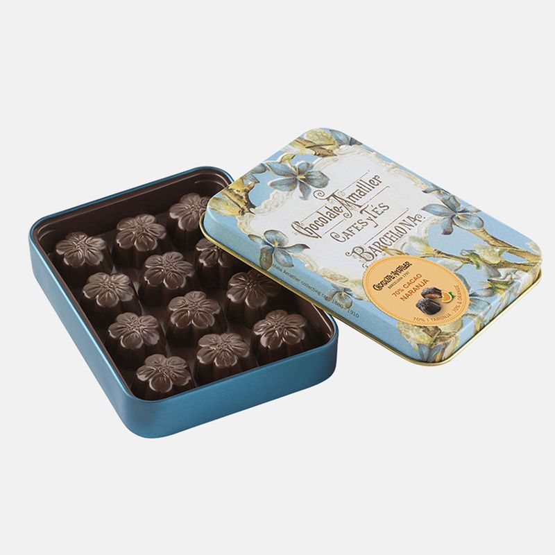70% Chocolate with Orange Flower Pralines Tin 72g | Chocolate Amatller