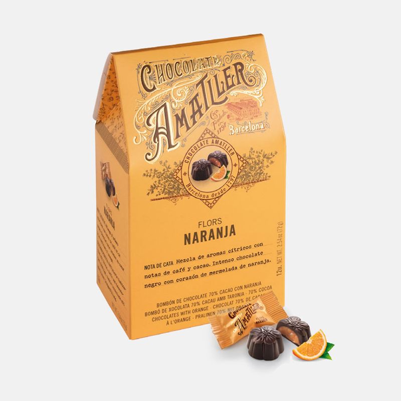 70% Chocolate Orange Flower Pralines 72g | Chocolate Amatller