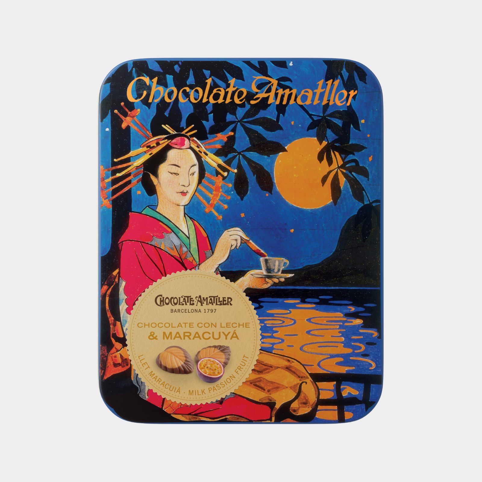 Hojas Chocolate con leche y maracuyá Lata 60g | Chocolate Amatller